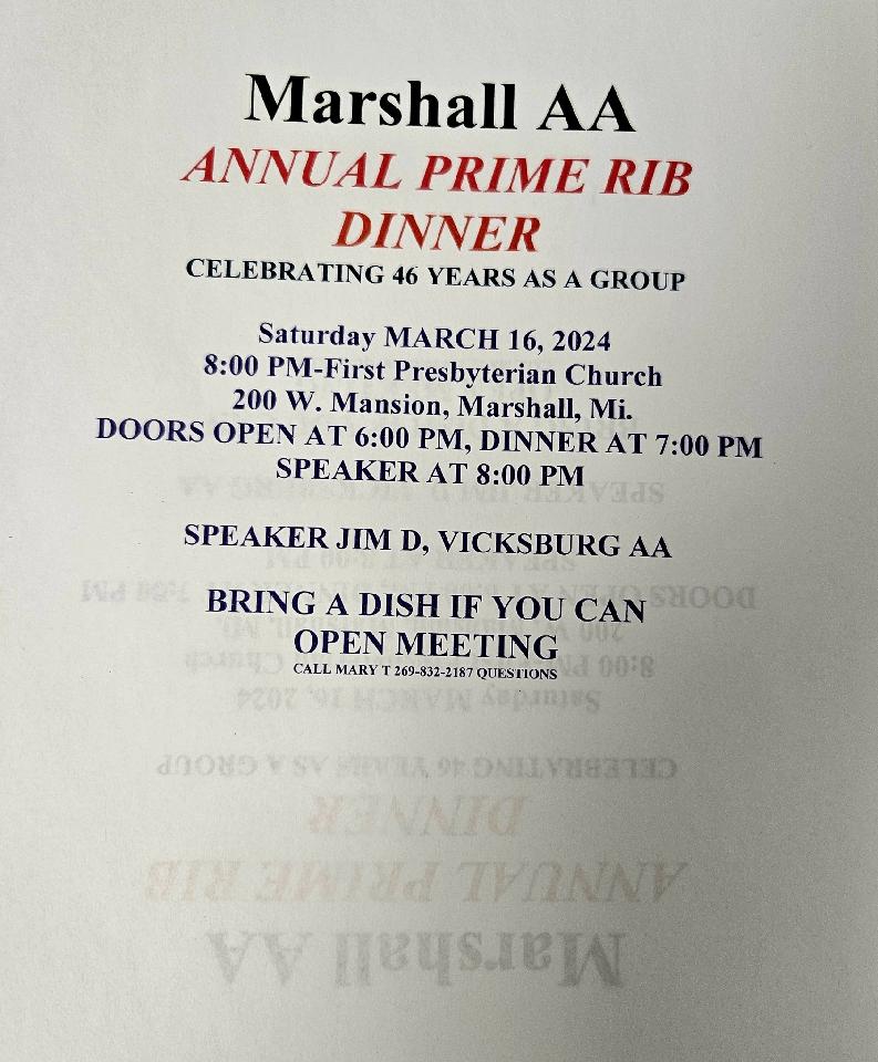 Marshall AA Annual Prime Rib Dinner – West Michigan District 5 ...